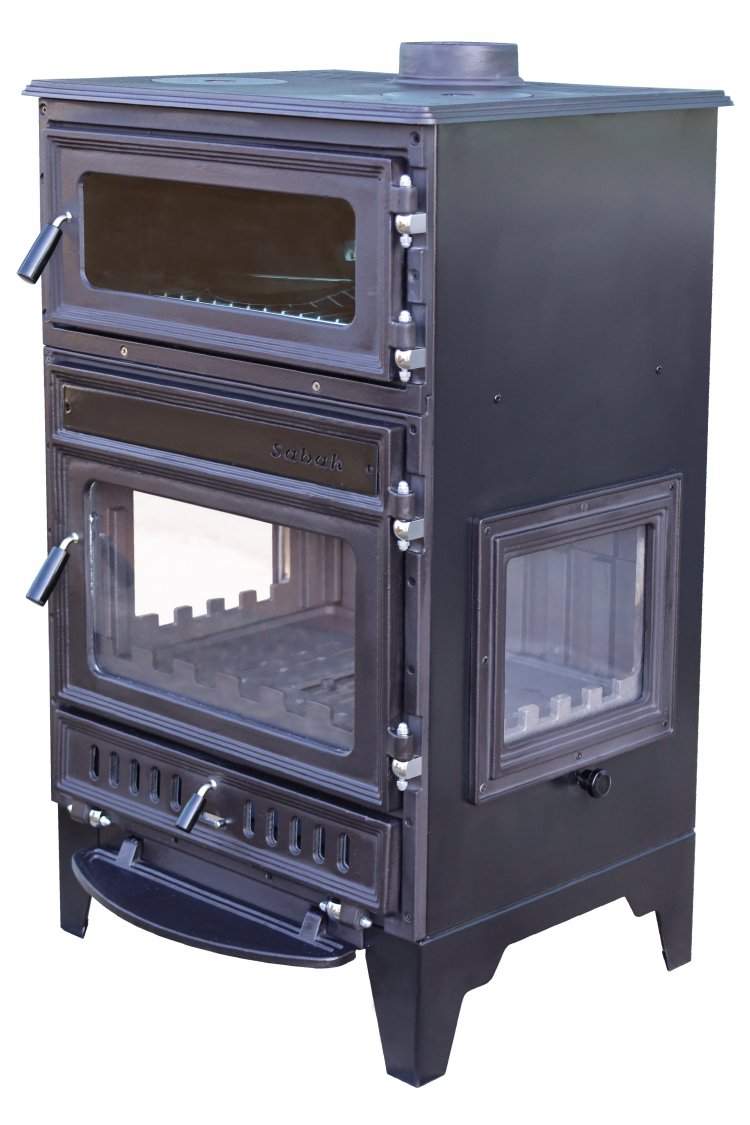 S107-3D CAST FIREPLACE STOVE WITH GLASS ON THREE SIDES AND OVEN